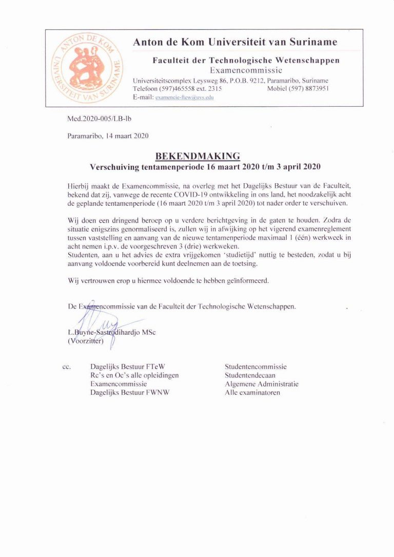 AdeK FTeW tentamens verschoven wegens covid-19 – Dagblad Suriname