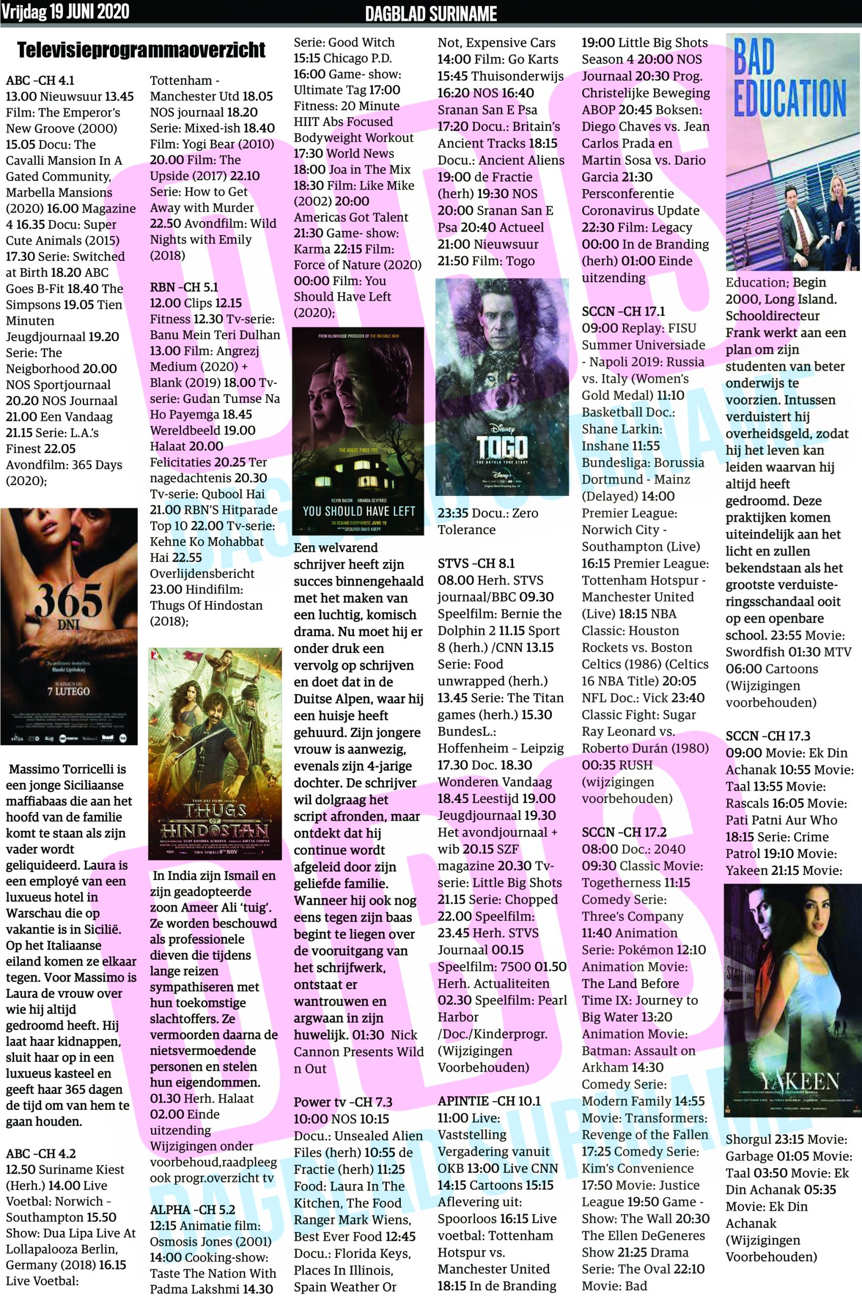 TV Programmaoverzicht vrijdag 19 juni 2020 – Dagblad Suriname
