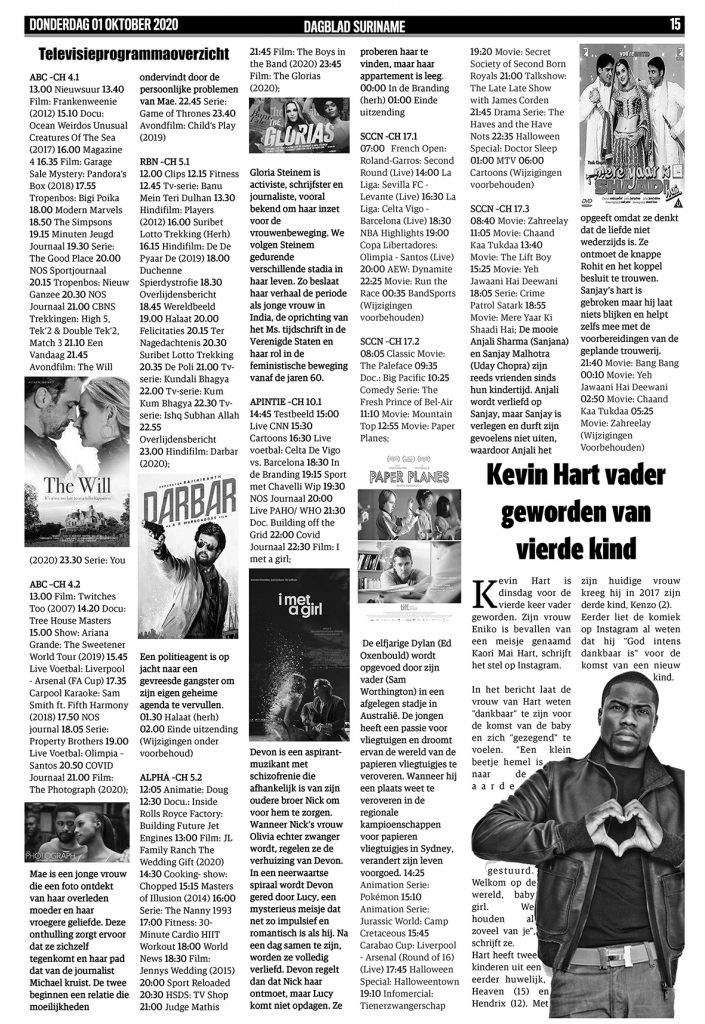TV Programmaoverzicht donderdag 1 oktober 2020 – Dagblad Suriname