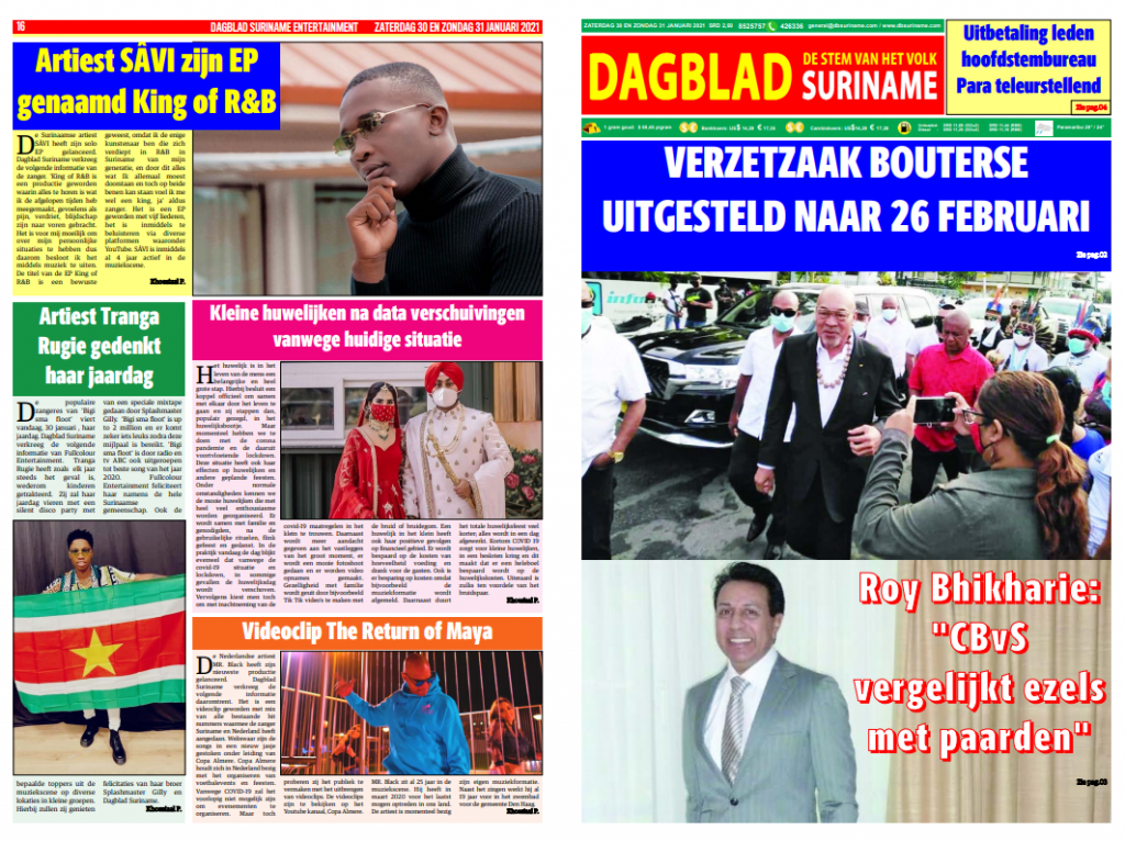 Krant zaterdag 30 en zondag 31 januari 2021 – Dagblad Suriname