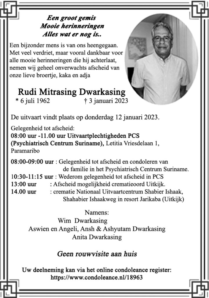 Overlijdensbericht – Dagblad Suriname